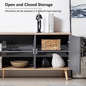 AUXSOUL Mid Century Modern TV Stand for 75 Inch TV, 70 Inch TV Stand with Storage, Entertainment Center for Living Room Bedroom, TV Media Console, Grey & Oak