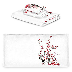 Naanle Realistic Oriental Cherry Blossom Japanese Tree Soft Luxury Decorative Set of 3 Towels, 1 Bath Towel+1 Hand Towel+1 Washcloth, Multipurpose for Bathroom, Hotel, Gym, Spa and Kitchen(White)