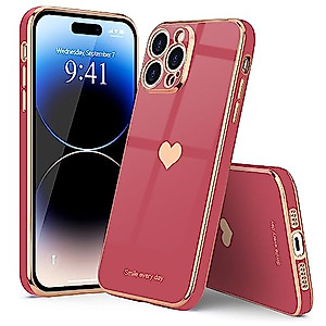 Teageo Compatible with iPhone 14 Pro Case for Girl Women Cute Love-Heart Luxury Bling Soft Back Cover Raised Camera Protection Bumper Silicone Shockproof Phone Case for iPhone 14 Pro, Bright Blush