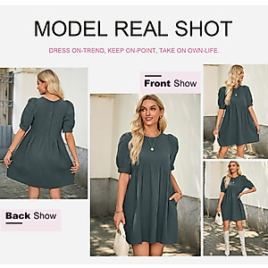 Dokotoo Womens Ladies Summer Sun Dress Spring Tunic Dress Round Neck Lantern Solid Color Short Sleeve High Waist Pocketed Mini Short Shift Dress for Party Gray Large