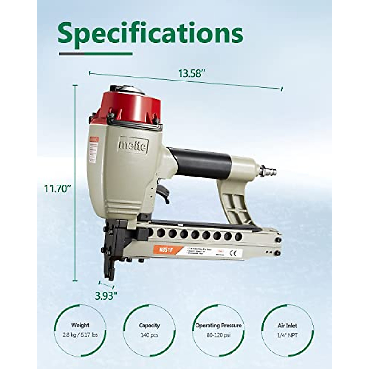 meite N851F Upholstery Stapler 16 Gauge 7/16-Inch Crown 1-Inch to 2-Inch Length Continuous Firing Stapler Pneumatic Heavy Wire Stapler Construction Stapler