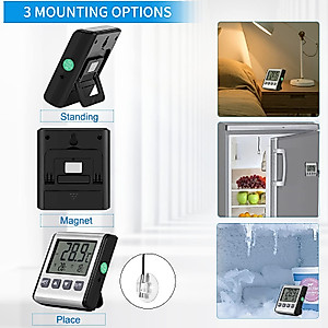 2 PCS Fridge Refrigerator Thermometer Freezer Thermometer high and Low Temperature Alarm Extra Sensor Big LCD Stainless Panel (2)