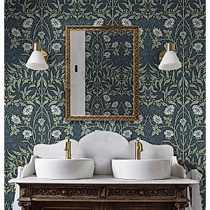 NextWall Stenciled Floral Peel and Stick Wallpaper (Navy & Sage)