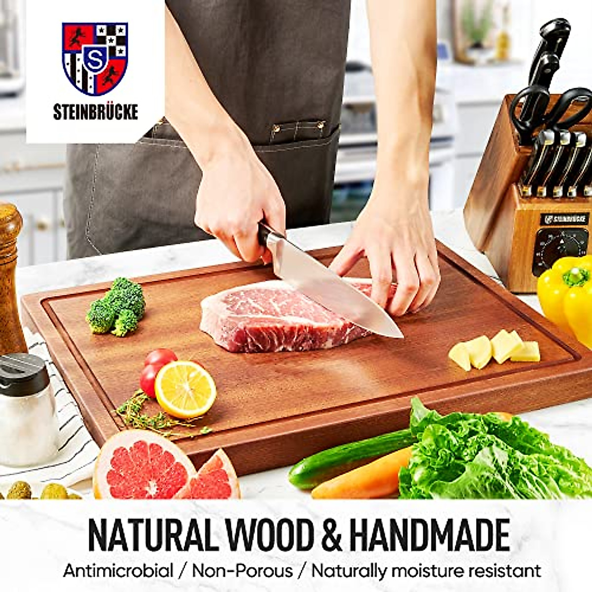 GOEHNER's Extra Large Sapele Wood Cutting Board - Edge Grain Butcher Block Ebony Meat Cutting Board with Juice Groove for Kitchen (20 x 14 x 1.5 inches | Extra Solid)