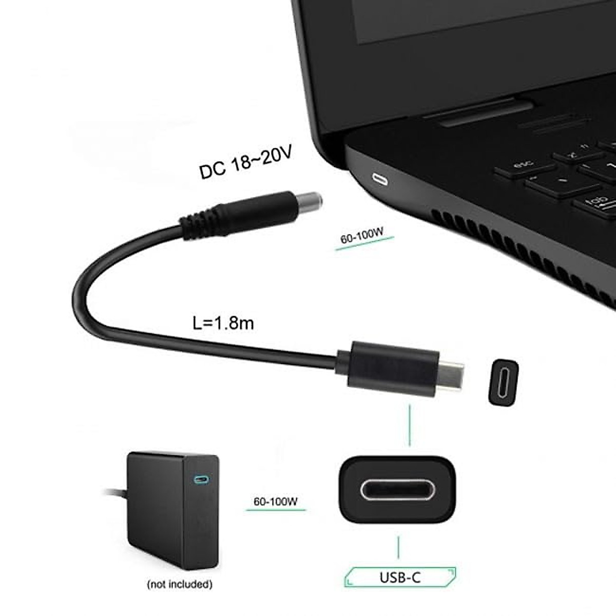 CY Cable Type C USB-C Input Source 65W to DC 4.0x1.3mm Power Charge Cable 19.5V Compatible with Laptop 18-20V
