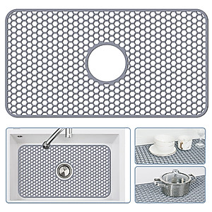 Bestjing Silicone Sink Mat - Protectors for Kitchen Sink with Center Drain, 26"x 14" Kitchen Sink Grid, Non-Slip Heat-Resistant Sink Mat for Bottom of Farmhouse Stainless Steel Sink (Center Hole)