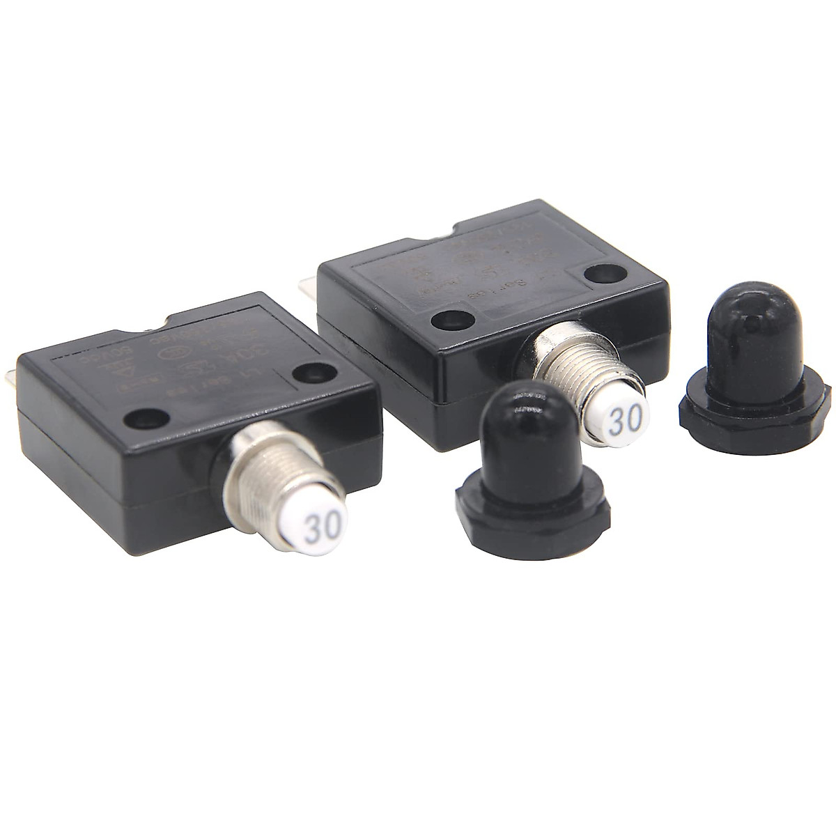 ZOOKOTO 2PCS 30A DC50V AC125-250V Push Button Reset Circuit Breakers with Quick Connect Terminals and Waterproof Button Black Cap