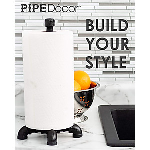 Pipe DÉCOR Black Electroplated Industrial Paper Towel Holder, Rustic Kitchen Farmhouse Decoration, Durable Metal Base and Stand Set