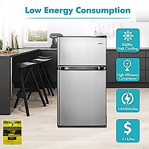COSTWAY Compact Refrigerator, 3.2 Cu.Ft. Fridge Freezer Compartment with Reversible 2 Door, Adjustable Thermostat, Removable Glass Shelves, Mini Refrigerator for Bedroom Dorm Apartment Office, Silver