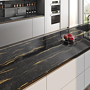 FunStick 24"x200" Black and Gold Liquid Marble Countertop Contact Paper Waterproof Marble Wallpaper Peel and Stick Countertops for Kitchen Wallpaper Self Adhesive Marble Wall Paper for Cabinets Desk