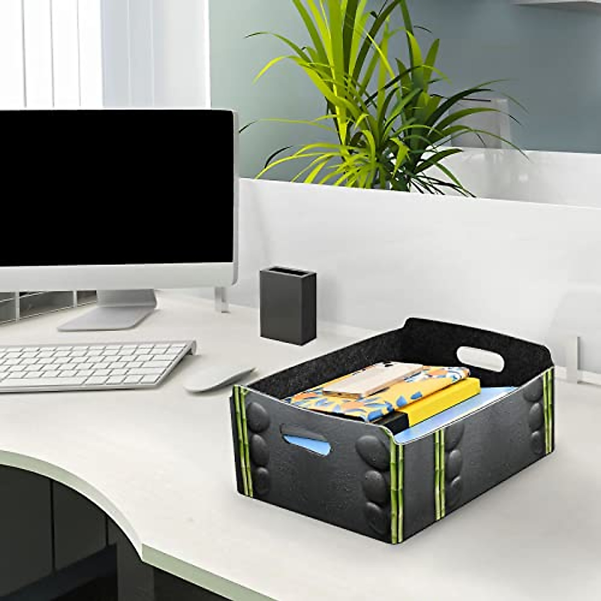 Poeticcity Black Zen Basalt Stones with Dew Green Bamboo on Dark Collapsible Felt Cloth Storage Box, Rectangular Desk Organizer Basket Bin, Detachable Laundry Hamper Plate Counter Holder Box