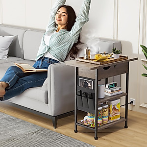 TARKARI End Table with Charging Station Narrow Side Table with Storage nightstand for Small Spaces end Tables Living Room Bedroom with USB Ports and outlets Bedside Tables