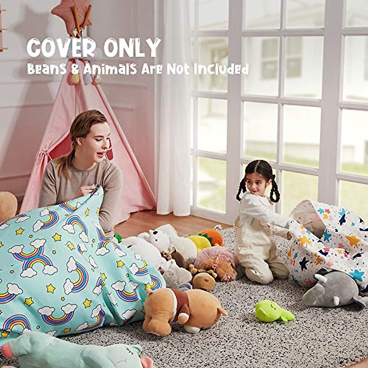 Nobildonna Stuffed Animal Storage Bean Bag Chair Cover Only for Kids and Adults, Extra Large Beanbag Without Filling Plush Toys Holder and Organizer- Premium Canvas 250L (Rainbow)