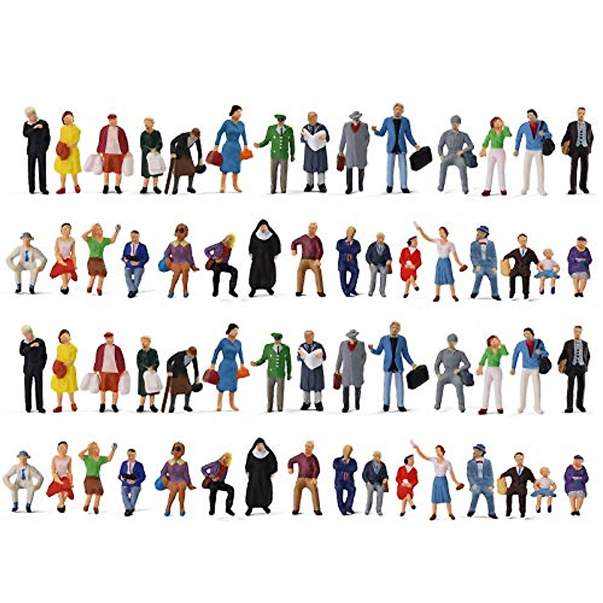 HO Scale 1:87 Standing Seated Passenger People Painted Figures for Model Train Layout (60PCS)