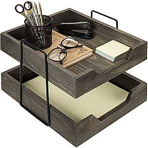 MyGift 2-Tier Vintage Gray Wood and Metal Wire Document Organizer Rack