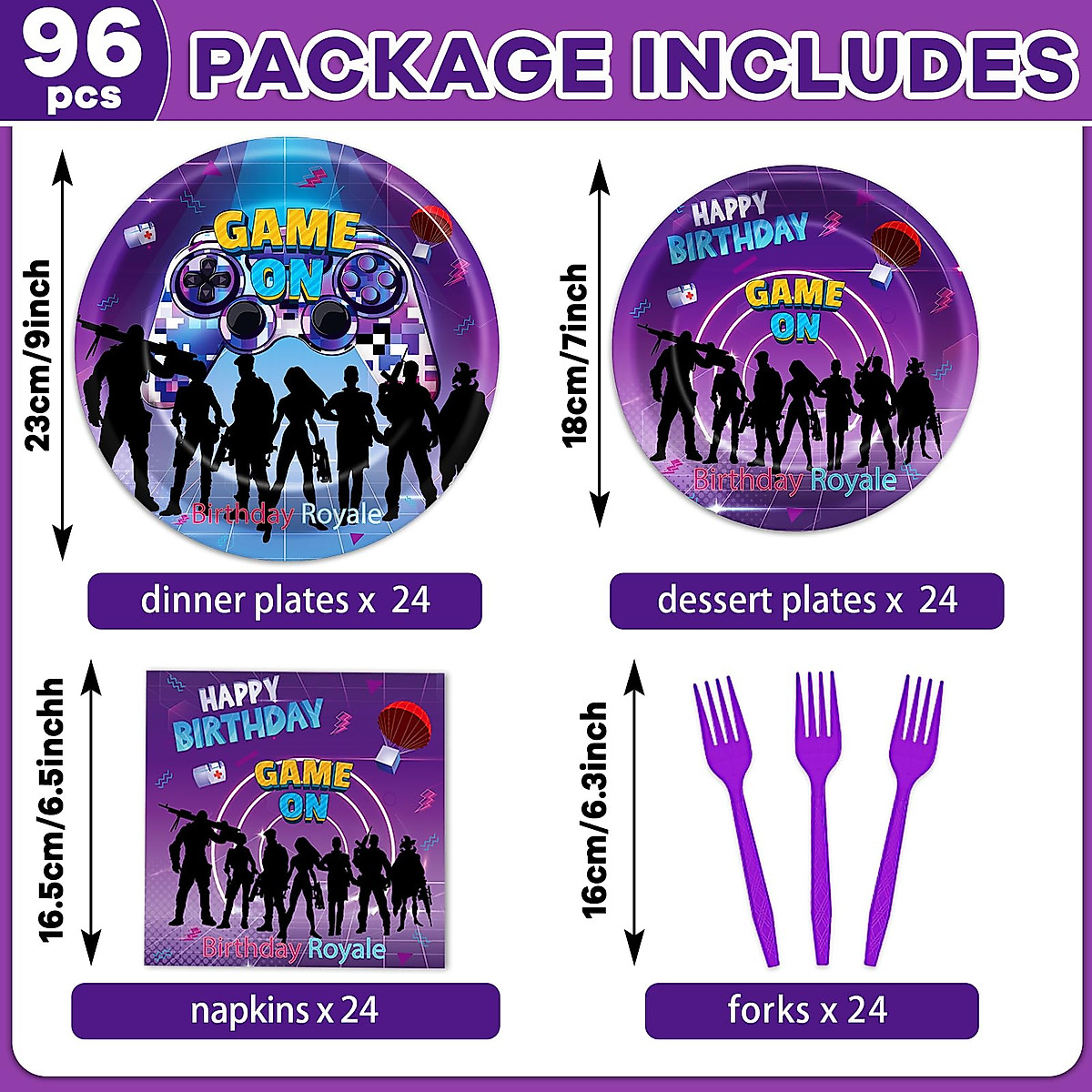 96Pcs Video Game Party Supplies Birthday Royale Tableware Set Gaming Party Plates and Napkins Game on Decorations for Kids Boys Girls Baby Shower Video Game Dinnerware Party Favors for 24 Guests