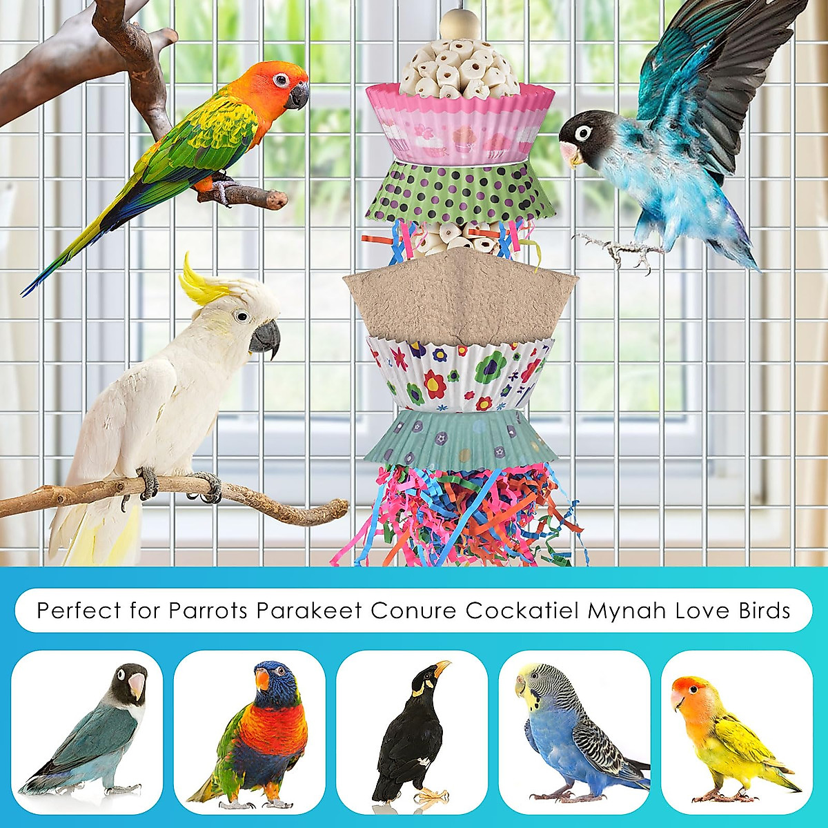 Bissap Conure Toys, Bird Parrot Foraging Shredder Hanging Toys 2 Sola Balls Wooden Block Tassels with Bell for Small Parrots Parakeets Conures Cockatiels Love Birds Cage Toy