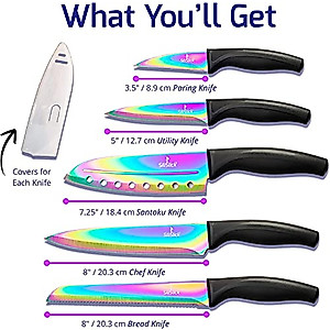 SiliSlick Kitchen Knife Set Professional, Titanium Coated Stainless Steel Blades, Dishwasher Safe, Safety Sheaths, 5 Knives