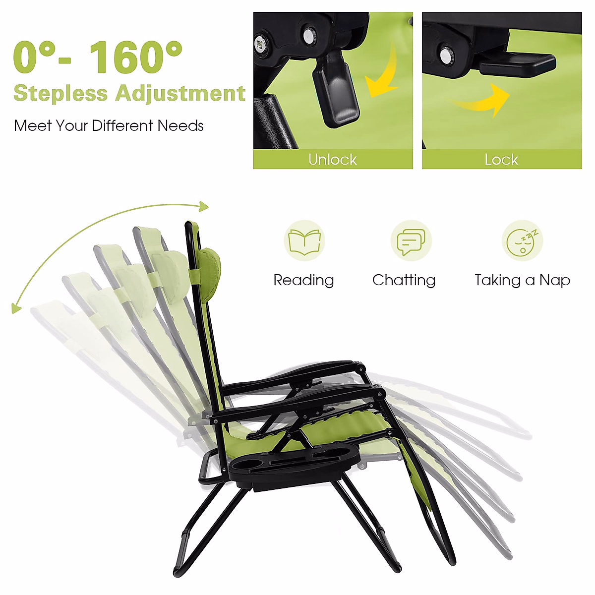 Goplus Zero Gravity Lounge Chairs, 160°Adjustable Folding Recliner w/Pillow and Cup Holder, 350LBS Comfy Outdoor Lounge Chairs for Patio, Lawn, Yard & Camp(1, Green)