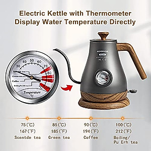 Fooikos Gooseneck Electric Kettle with Thermometer - 1.0L 304 Stainless Steel Water Kettle for Coffee and Tea Brewing -800W Fast Heating in 4 Minutes(Grey)