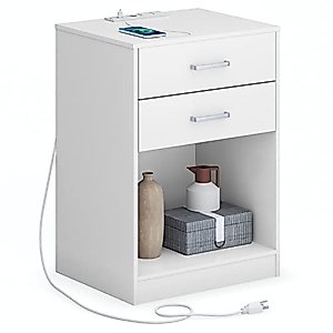 ADORNEVE Nightstand with Charging Station,White Night Stand for Bedroom, End Table Side Table Wooden Sofa Side Storage Stand Cabinet,with Sliding Drawer and Shelf
