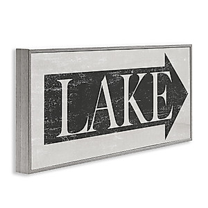 Stupell Industries Lake Arrow Sign Grey and White Distressed, Design by Daphne Polselli Gray Framed Wall Art, 10x24