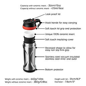 Roamwild Cerami Cup 12oz / 354ml – With Unique Ceramic Fresh Tasting Inner Tumbler - Quadruple Thermal Insulation Technology Stainless Steel Travel Mug, BPA-Free, Dishwasher Safe (Stainless & Red)