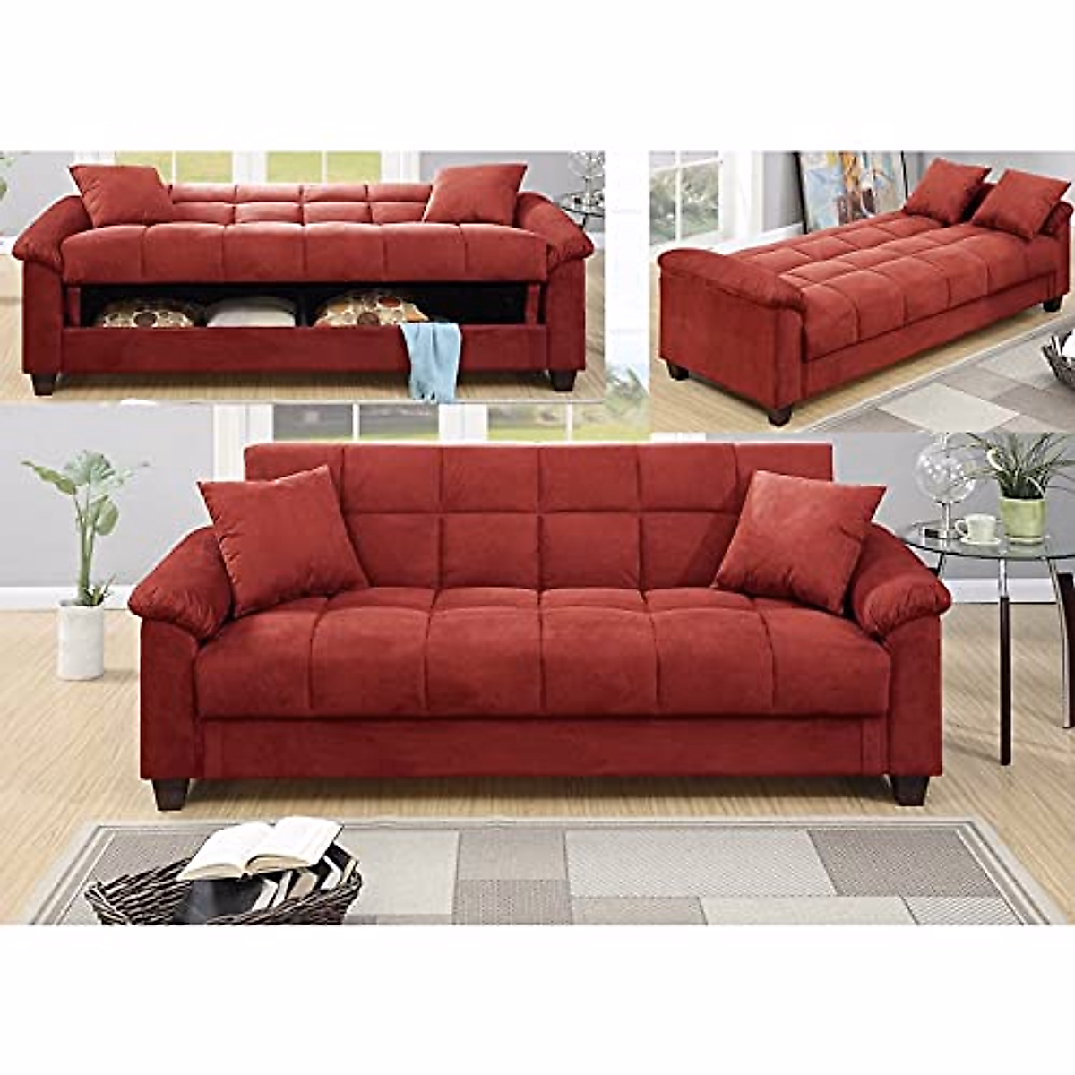 TONAUA Contemporary Living Room Adjustable Sofa Red Color Microfiber Plush Storage Couch 1pc Futon Sofa w Pillows