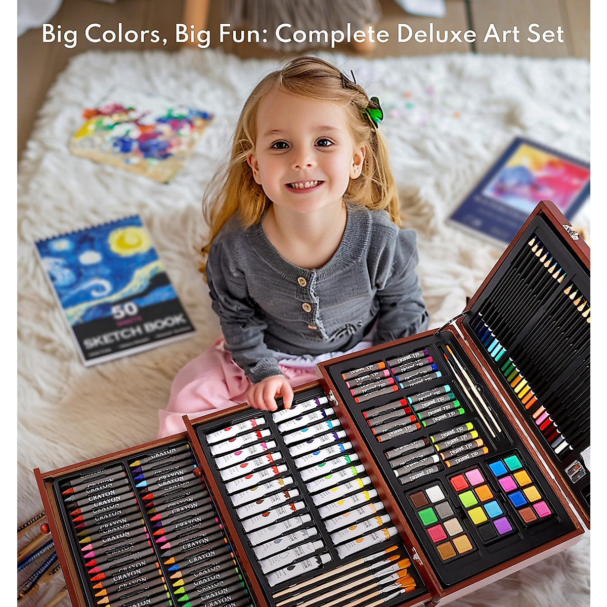 194 Piece Deluxe Art Set, Painting Drawing Art Supplies with 4 Drawing Pads, Acrylic Paints, Crayons, Colored Pencils Set in Wooden Case, Art Kit Gift Box for Kids, Teens, Adults, Artists, Beginners