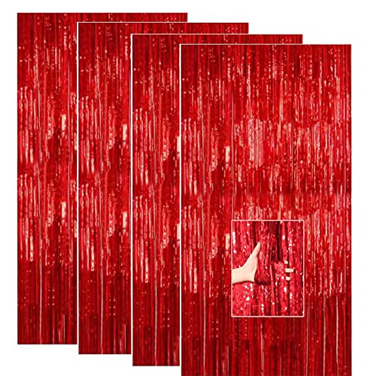 GAKA Red Foil Curtains Metallic Fringe Curtains 3.2ft x 9.8ft Metallic Tinsel Shimmer Curtain for Birthday Wedding Engagement Bridal Shower Celebration Party Decorations（4 Pack）