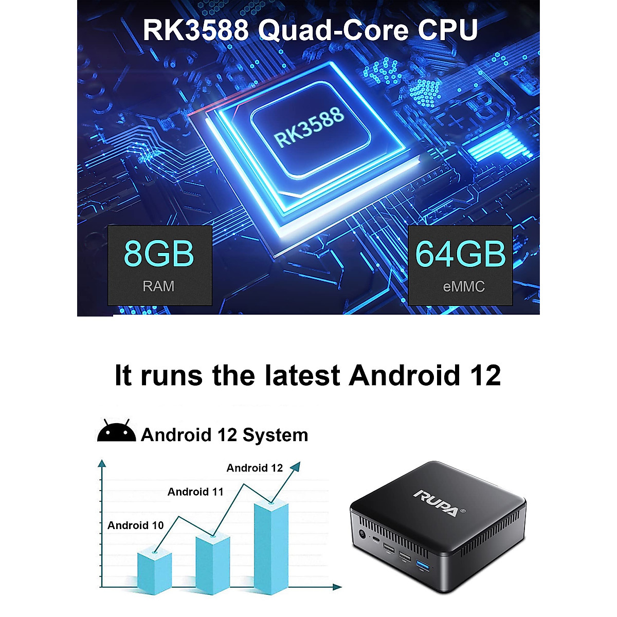 Mini Computer 8GB RAM 64GB ROM 8K Android TV Box RK3588 Chipset Support WiFi6 1000M Ethernet 6Tops NPU VESA for Office/Study/Home/Business Mini Desktop Computer Black
