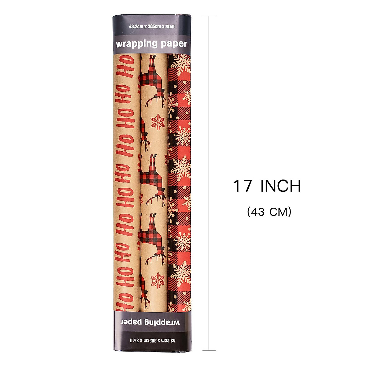LeZakaa Christmas Kraft Wrapping Paper - Mini Roll - Reindeer/Buffalo Plaid with Snowflake/HOHOHO Lettering for Gift Wrap, Arts Crafts - 17 x 120 inches - 3 Rolls (42.5 sq.ft.ttl.)