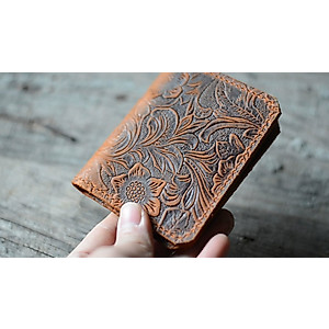 JJNUSA Handmade Distressed Men's Minimalist Leather Wallet Card Holder Wallets for Gifts Brown Flower style2
