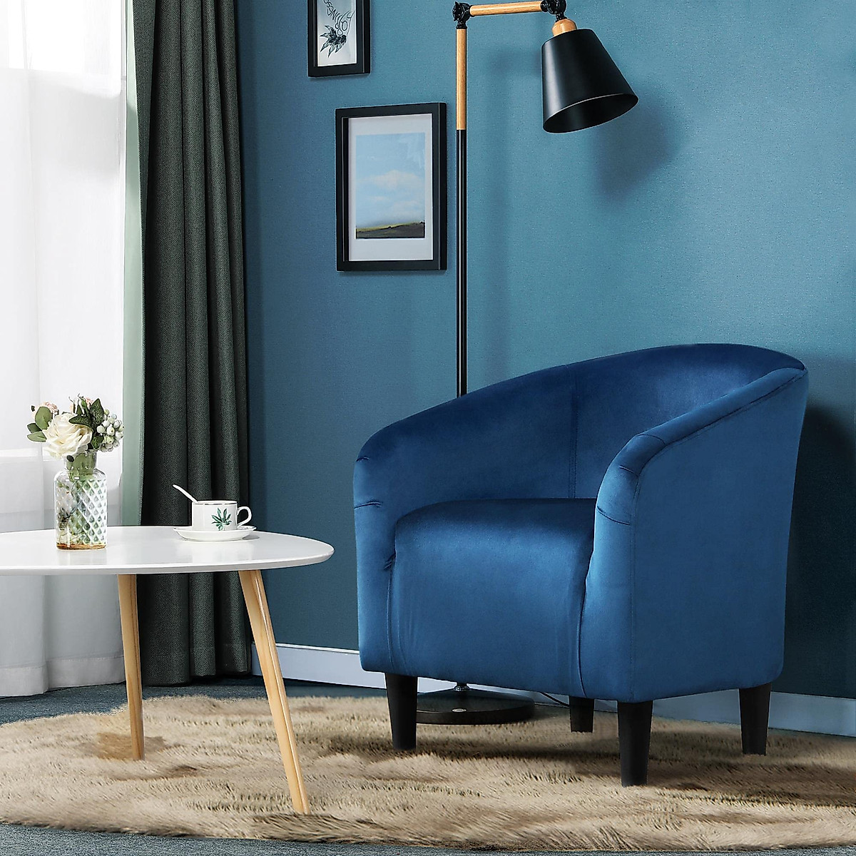 Yaheetech Club Chair, Velvet Accent Chair Upholstered Barrel Chair Sitting Chair with Armrest and Low Back for Living Room Bedroom, Pagoda Blue