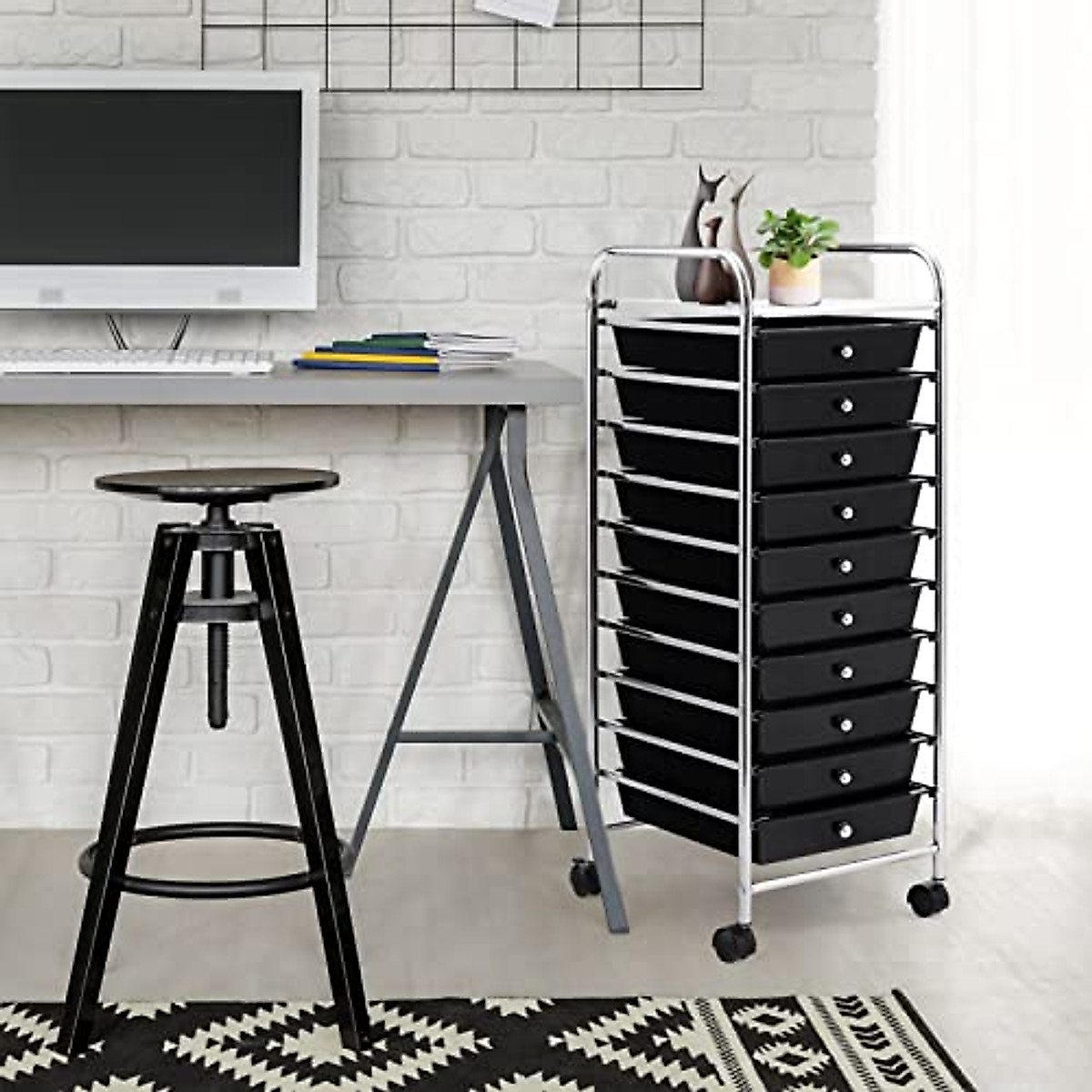 10-Drawer Rolling Storage Craft Cart and Organizer - Rolling Organizer Cart Tools and 4 Universal Casters (Black)