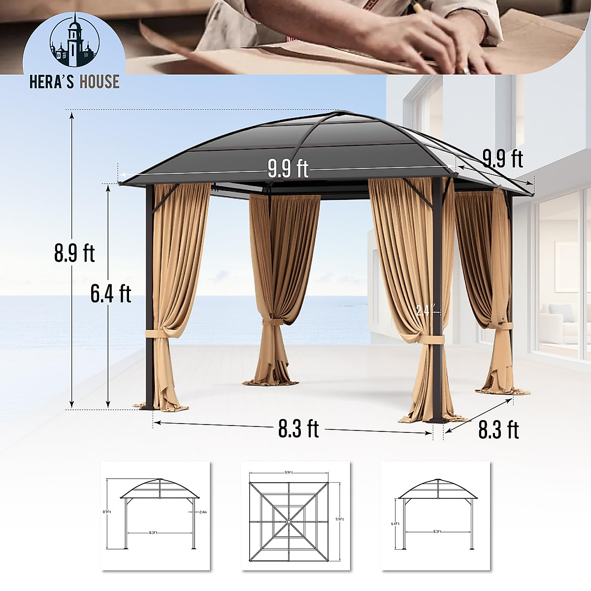 HERA'S HOUSE 10x10 Outdoor Hardtop Gazebo, Patio Canopy Flea Defence with Mosquito Netting&Curtains, Permanent Polycarbonate Tent Pergola for Lawn, Parties, Courtyard, Garden(Brown)