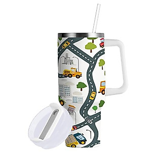 ODAWA a of Cute Cartoon Tractors Insulated Tumblers 30 Oz Coffee Mug with Straw and Lid