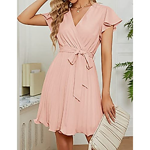 ZESICA Women's Wrap V Neck Mini Dress 2023 Summer Flutter Sleeve Tie Waist Pleated A Line Swing Wedding Party Short Dresses,LightPink,Medium