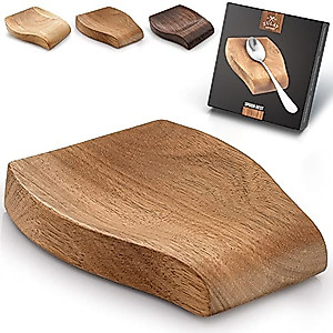 Zulay Acacia Wood Spoon Rest For Kitchen - Smooth Wooden Spoon Holder For Stovetop With Non Slip Silicone Feet - Perfect Holder For Spatulas, Spoons, Tongs & More