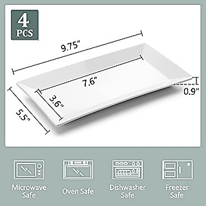 Yedio Porcelain Rectangular Dinner Platters, 9.75 Inch Rectangular Serving Platters for Sushi, Snacks, Cake, Meat, Appetizer Platters-Set of 4, White