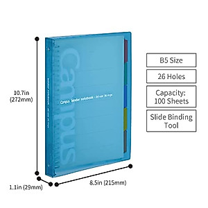 Kokuyo Campus Slide Binder with 5 Tab Dividers, Middle Type, B5, 26 Holes, Up to 100 Sheets, Light Blue, Plus 200 Sheets of Loose-Leaf Paper, Japan Import (RU-P333NLB & NO-S836BT)