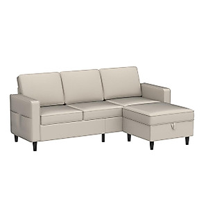 Mjkone Convertible Sectional Sofa Couch, Sofas with Solid Wood Legs and Storage Ottoman, L-Shape Couch with 4 Side Pockets, Couches for Living Room/Apartment/Office (Beige)