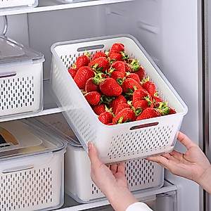 GSAFEME 4 PCS Large Fruit Containers for Fridge with Handle - Leakproof Food Storage Containers with Removable Colander for Salad Berry Lettuce Vegetables Meat Keeper