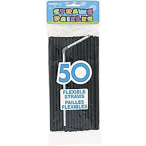 Unique Industries Black Plain Flexible Plastic Straws 50 Pcs, 8"