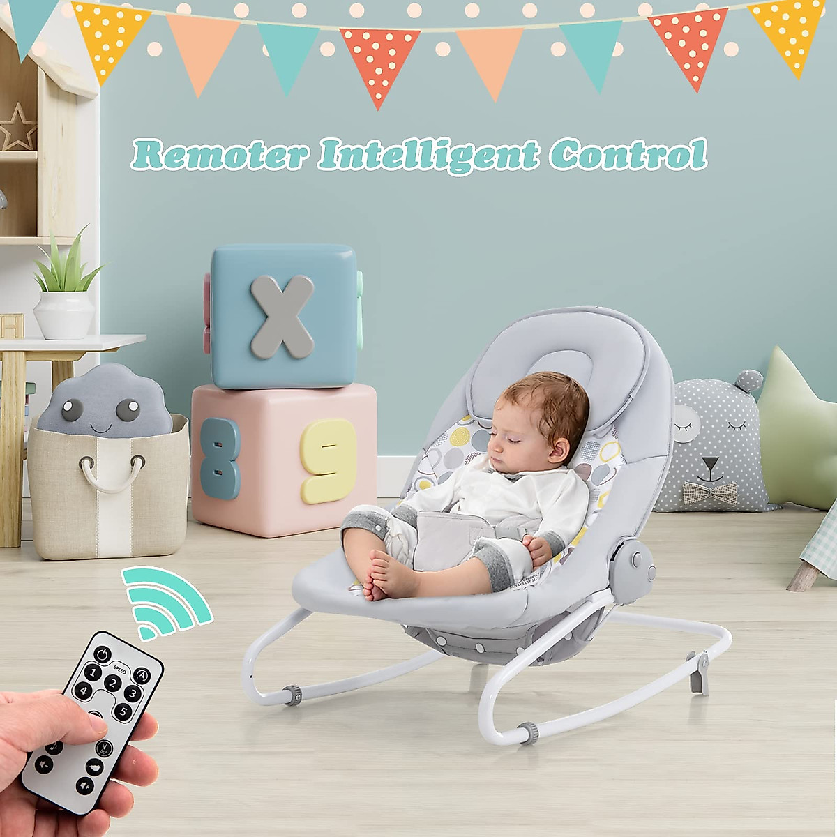 INFANS 2 in 1 Baby Swing and Bouncer for Infants, Portable Newborn Rocker with 5 Speed Sway Music Timing 3 Toys Remote Control, Easy Fold, Compact Electric Baby Swing for 0-6 Months Boy Girl