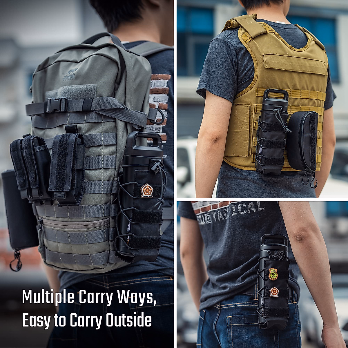 TACTICAL GEEK EXT11 Water Bottle Pouch, Portable Water Bottle Carrier, Drawstring Travel Bottle Holder, Adjustable Outdoor Sports Kettle Carrier Holster, Molle Water Bottle Holder for Backpack (Black)