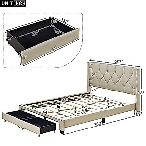 Goohome Queen Size Platform Bed with 2 Storage Drawers, Linen Upholstered Queen Bedframe with Headboard and Sturdy Wood Slats, Noise-Free, No Box Spring Needed, for Boys Girls Teenager
