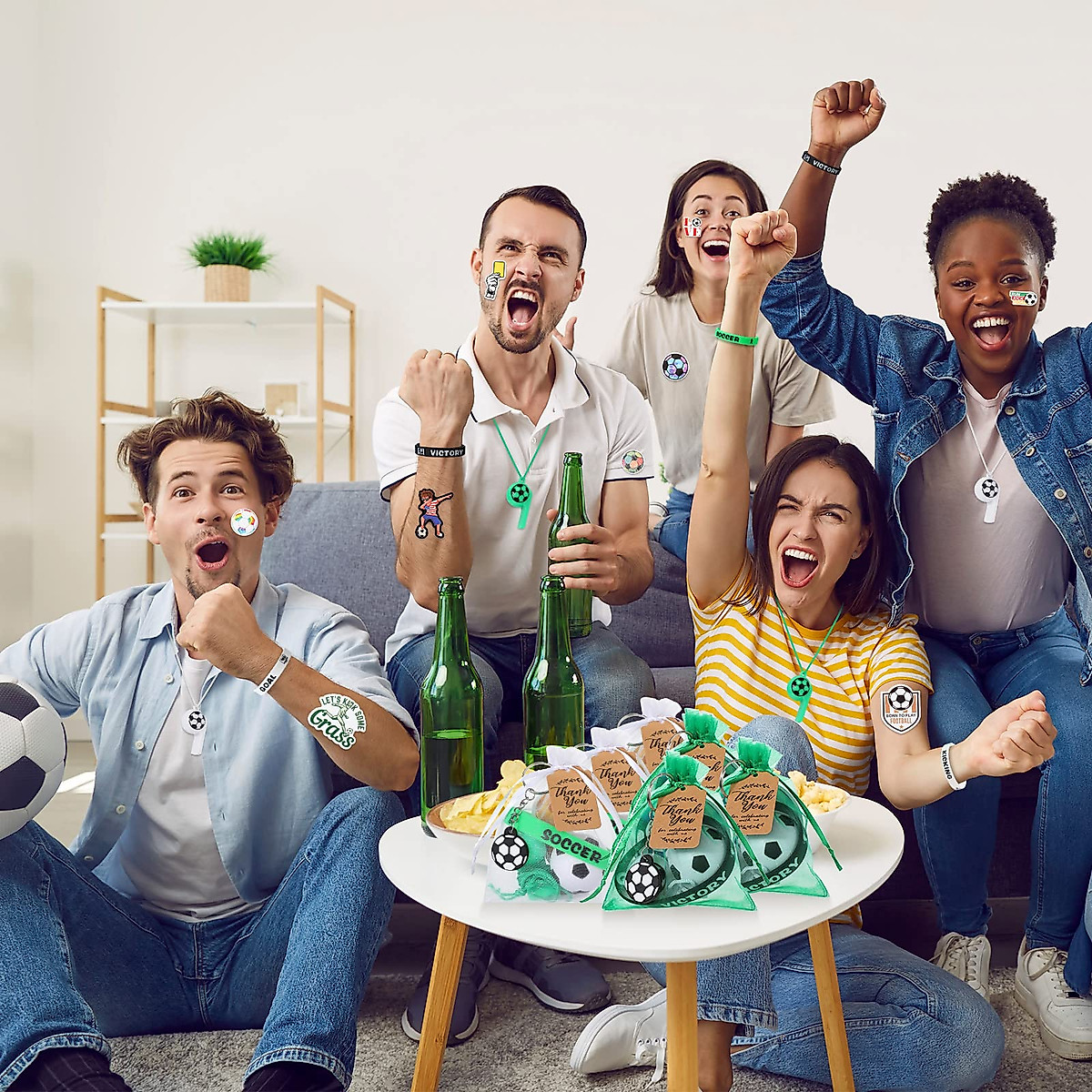 Hungdao 158 Pcs Soccer Party Favors for 18 Kids Includes Mini Bouncy Soccer Keychain Whistle Bracelets Thank You Card Stickers Organza Bag for Soccer Sports Event Classroom Rewards