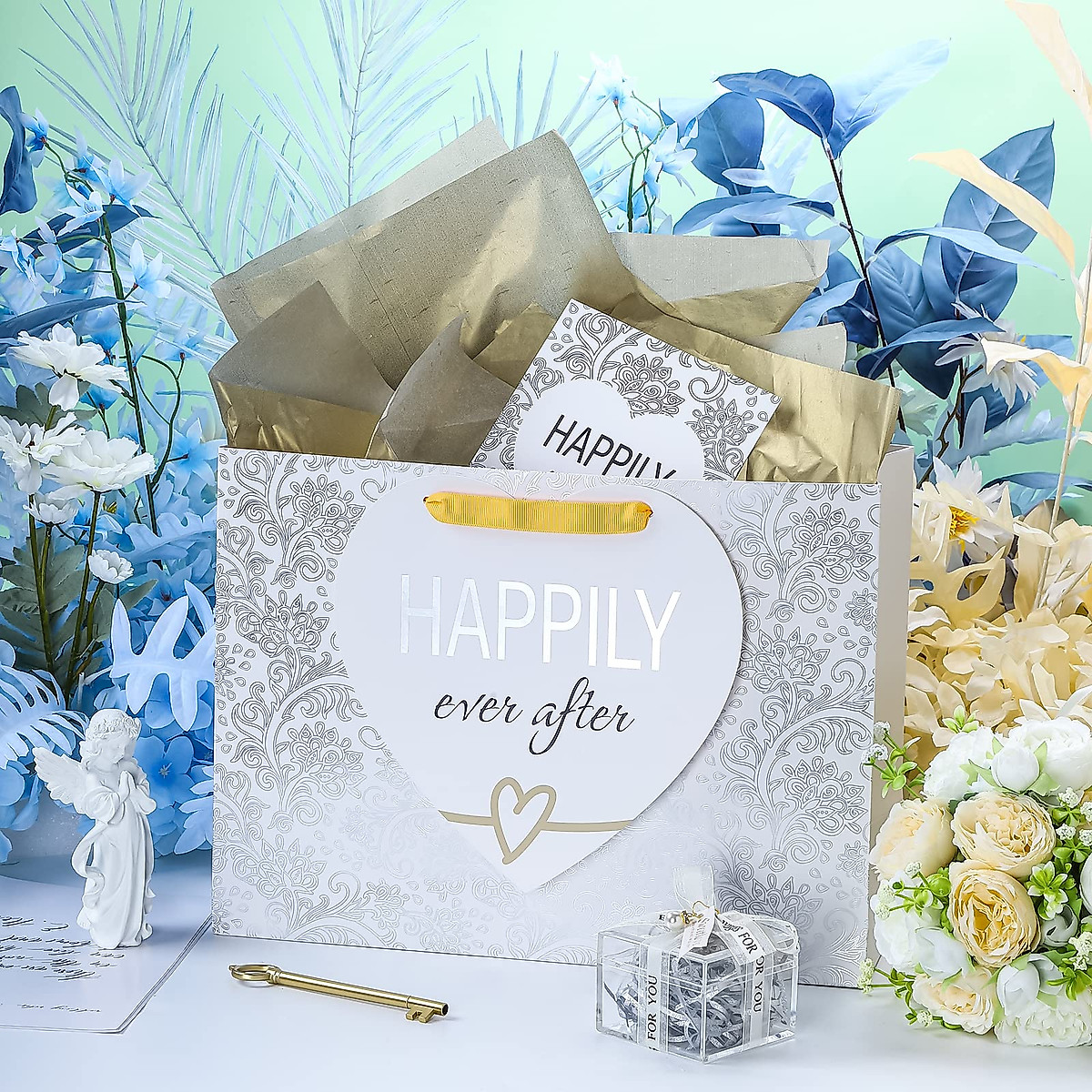 MAYPLUSS 16" Large Gift Bag with Greeting Card and Tissue Paper for Wedding - Silver Design