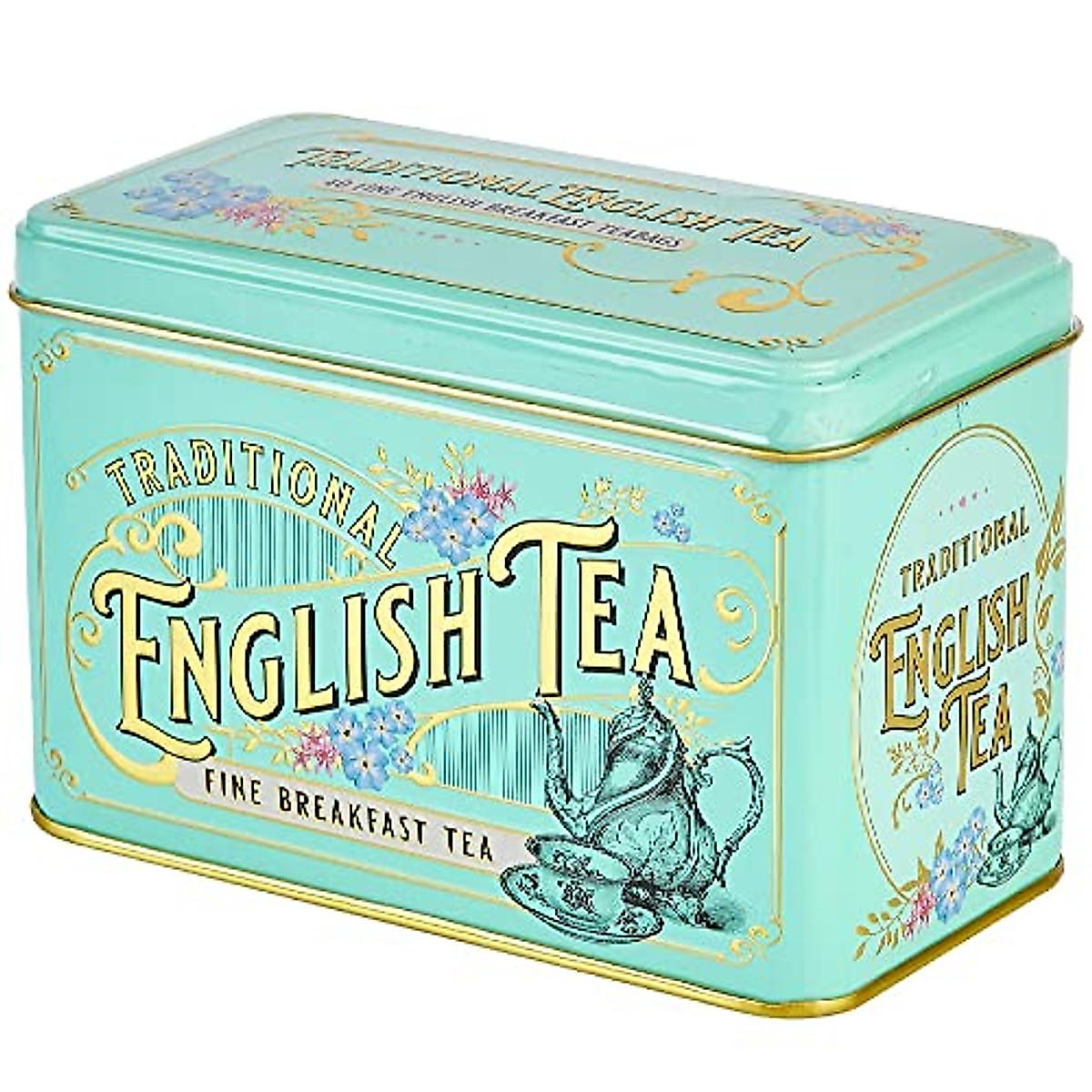 New English Teas Vintage Victorian Tea Tin with 40 English Breakfast Tea Bags, Forget Me Not Florals, Black Tea, Ceylon Tea, Mint Green British Tea Caddy